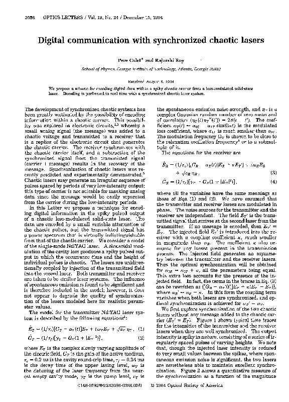(PDF) Digital communication with synchronized chaotic lasers