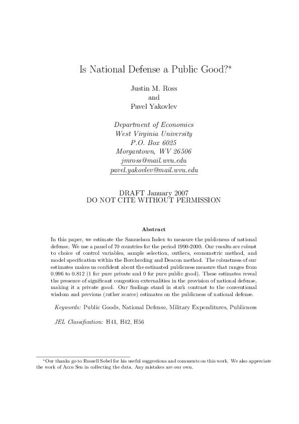 (PDF) Is the Provision of National Defense a Public Good?