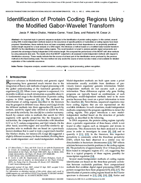 (PDF) Identification of protein coding regions using the modified Gabor-wavelet transform