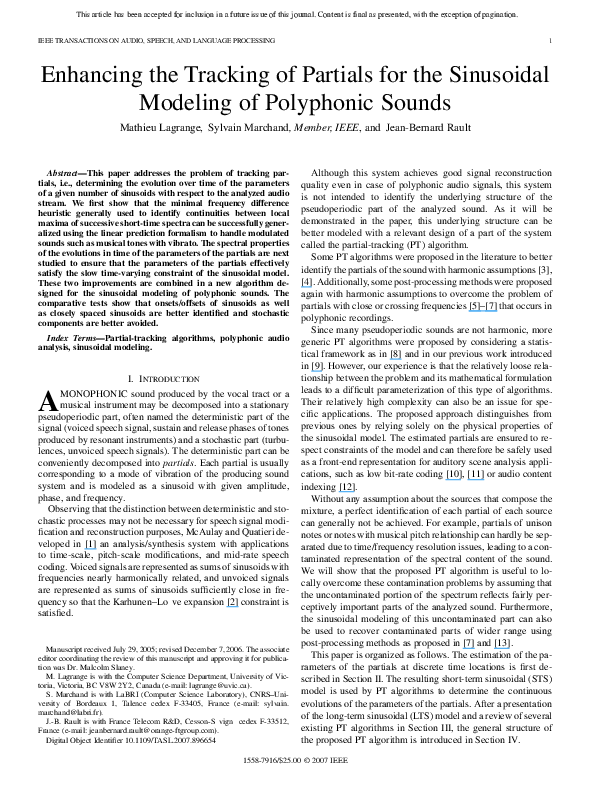 (PDF) Enhancing the Tracking of Partials for the Sinusoidal Modeling of Polyphonic Sounds
