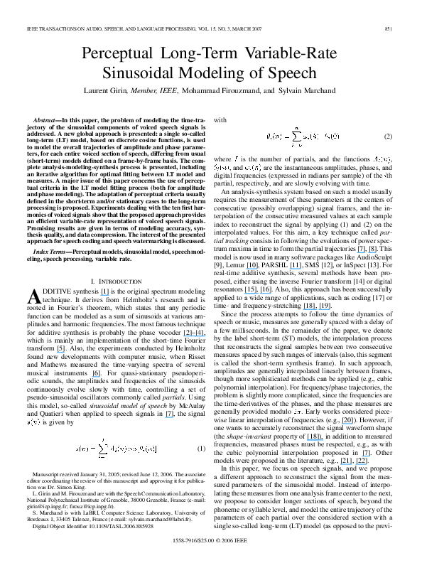 (PDF) Perceptual Long-Term Variable-Rate Sinusoidal Modeling of Speech