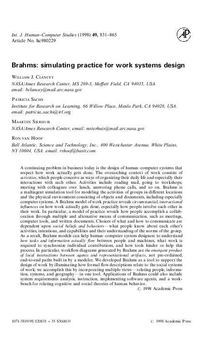 (PDF) Brahms: simulating practice for work systems design | William Clancey - Academia.edu