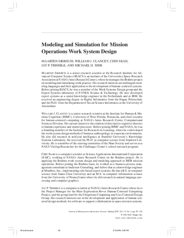 Pdf Modeling And Simulation For Mission Operations Work Systems Design 