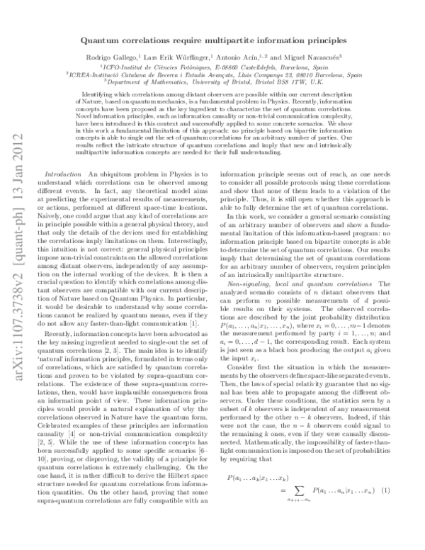 (PDF) Quantum Correlations Require Multipartite Information Principles