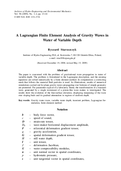 Pdf A Lagrangian Finite Element Analysis Of Gravity Waves In Water Of Variable Depth