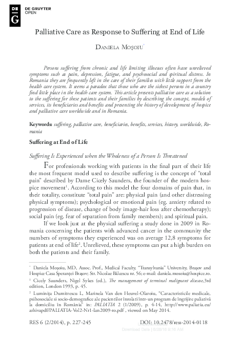 (PDF) Palliative Care as Response to Suffering at End of Life