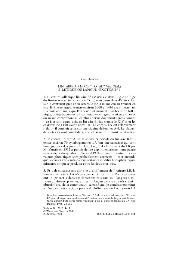 (PDF) Linéaire A ku-ro, “total” vel sim.: sémitique ou langue “exotique”?