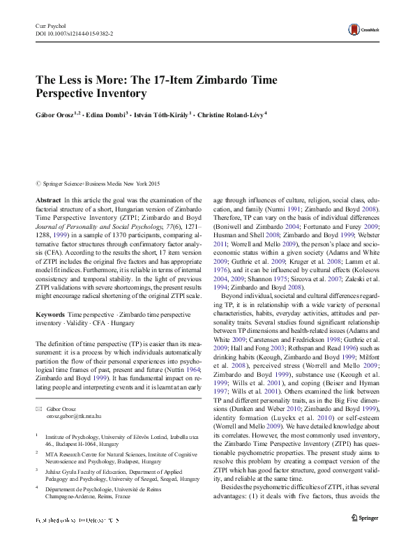 Pdf The Less Is More The 17 Item Zimbardo Time Perspective Inventory