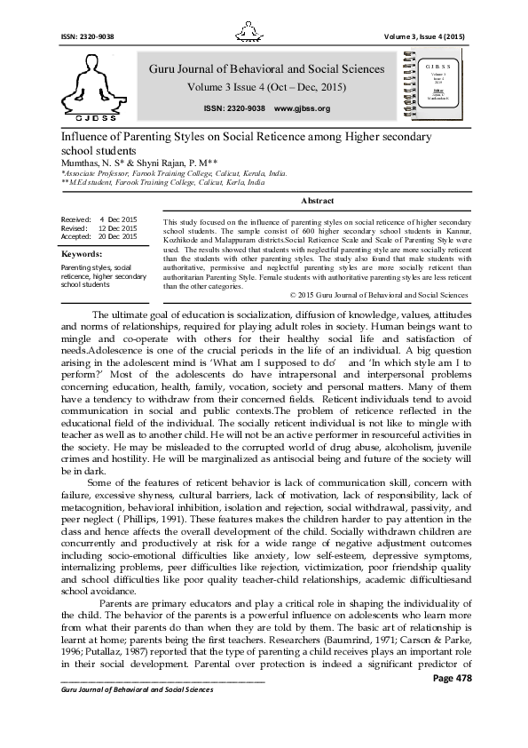 (PDF) Influence of Parenting Styles on Social Reticence among Higher ...