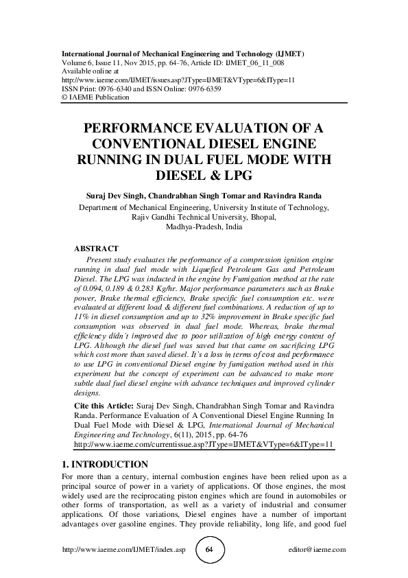 (PDF) PERFORMANCE EVALUATION OF A CONVENTIONAL DIESEL ENGINE RUNNING IN ...