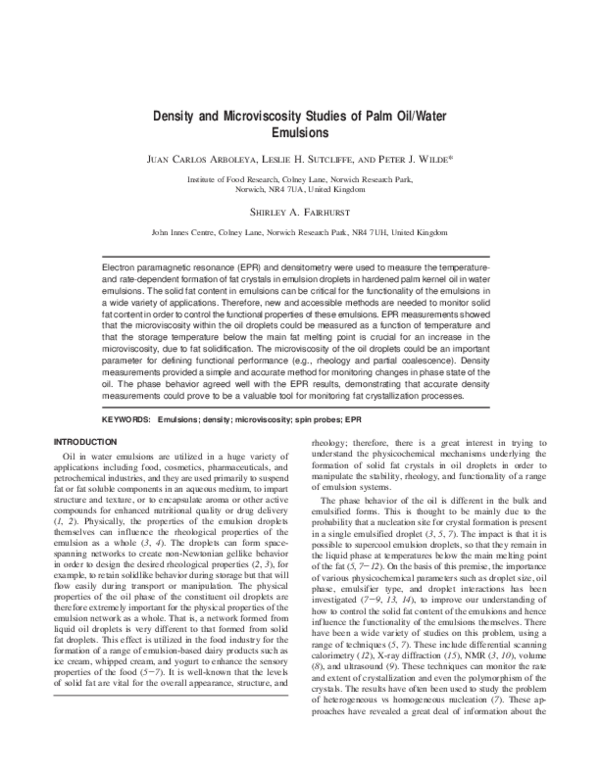 (PDF) Density and Microviscosity Studies of Palm Oil/Water Emulsions