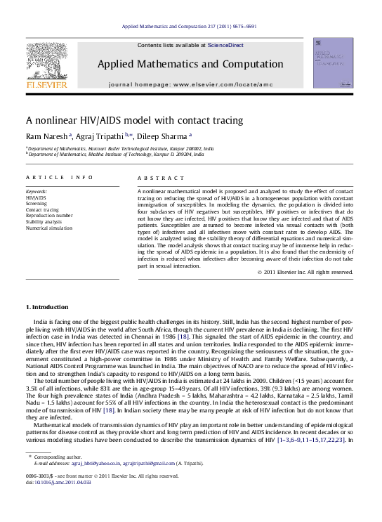 Pdf A Nonlinear Hiv Aids Model With Contact Tracing