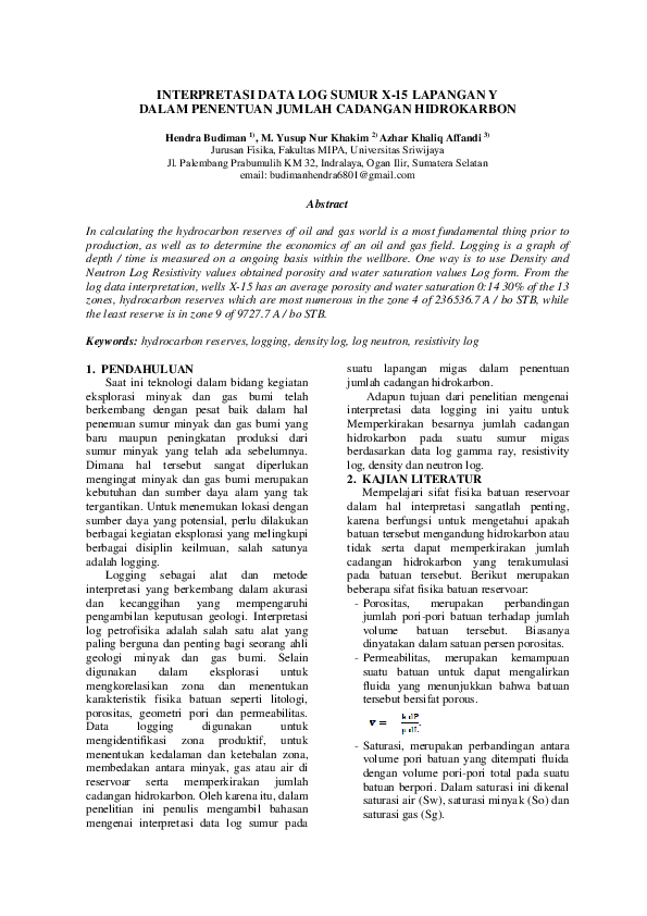 (PDF) INTERPRETASI DATA LOG DALAM PENENTUAN JUMLAH CADANGAN HIDROKARBON