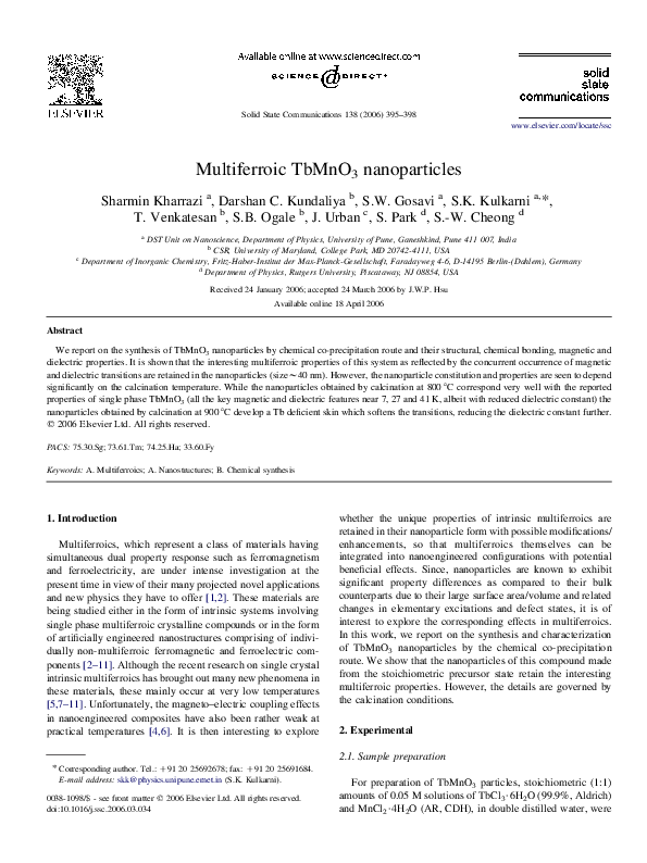 (PDF) Multiferroic TbMnO3 nanoparticles
