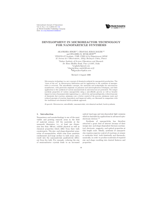 (PDF) Development in Microreactor Technology for Nanoparticle Synthesis