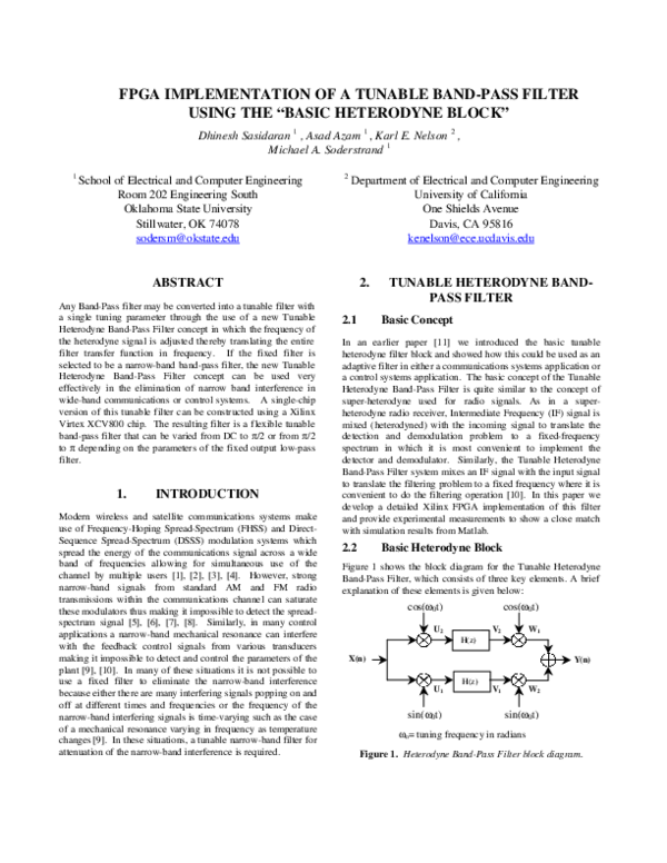 Pdf Fpga Implementation Of A Tunable Band Pass Filter Using The Basic Heterodyne Block
