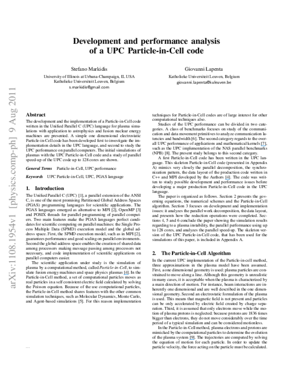 Pdf Development And Performance Analysis Of A Upc Particle In Cell Code