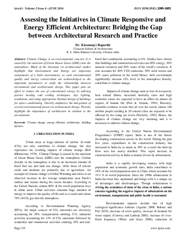 Pdf Assessing The Initiatives In Climate Responsive And Energy Efficient Architecture