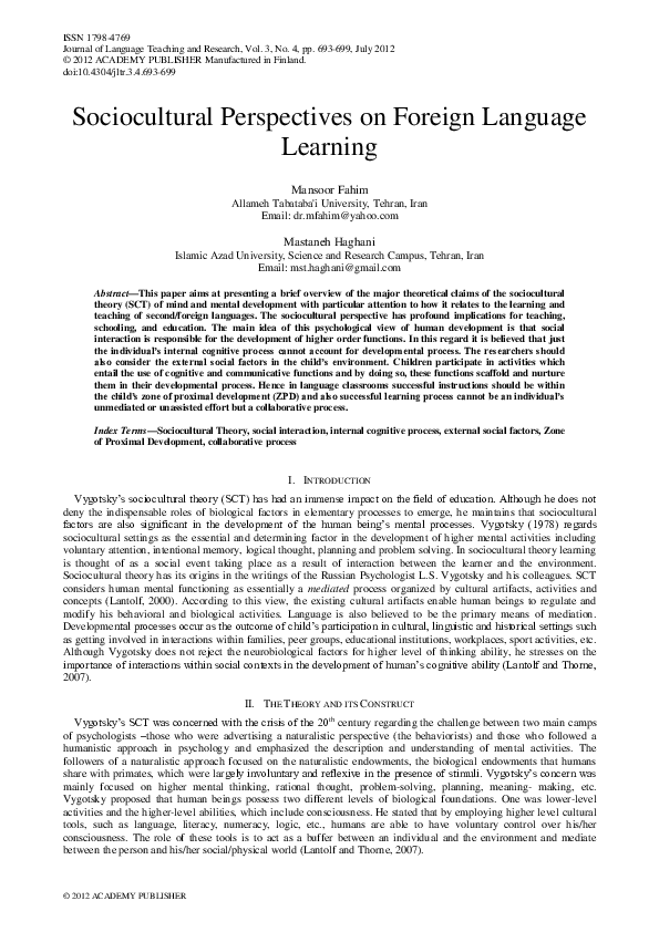 (PDF) Sociocultural Perspectives on Foreign Language Learning
