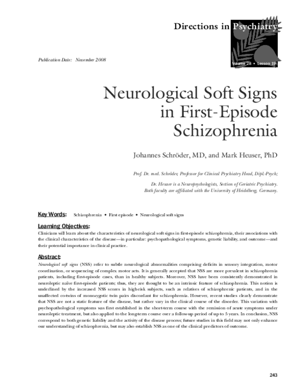 (PDF) Neurological Soft Signs in First-Episode Schizophrenia: A Follow-Up Study