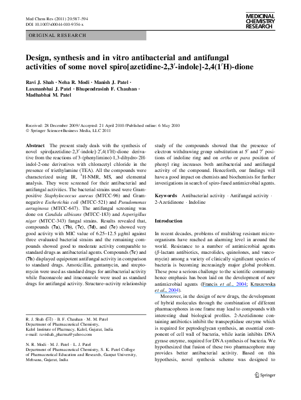 (PDF) Design, synthesis and in vitro antibacterial and antifungal activities of some novel spiro ...