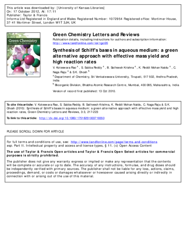 (PDF) Synthesis of Schiff's bases in aqueous medium: a green ...