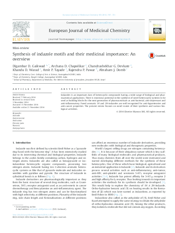 (PDF) Synthesis of indazole motifs and their medicinal importance: An ...