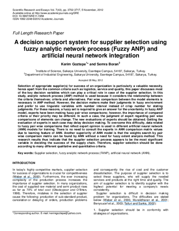 Pdf A Decision Support System For Supplier Selection For Indian Textile Industry Using 