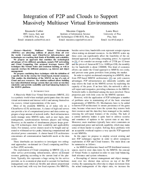 (PDF) Integration of P2P and Clouds to support Massively Multiuser Virtual Environments