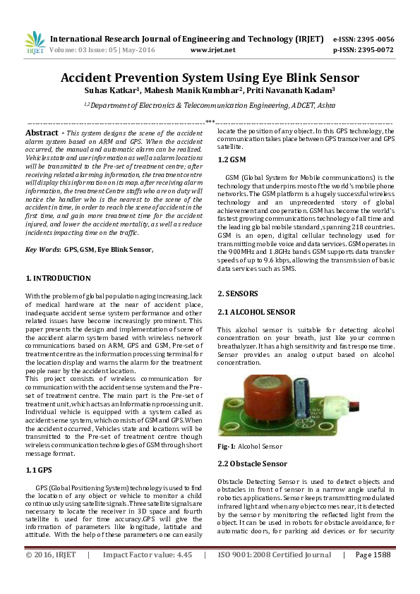 Pdf Accident Prevention System Using Eye Blink Sensor