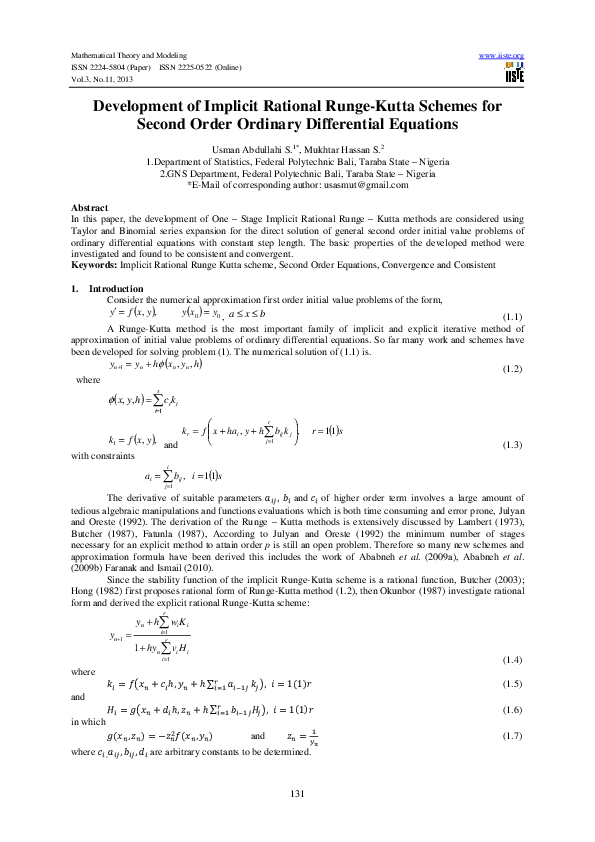 Pdf Development Of Implicit Rational Runge Kutta Schemes For Second Order Ordinary 