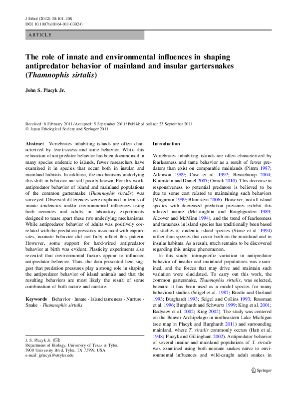 (PDF) The role of innate and environmental influences in shaping antipredator behavior of ...