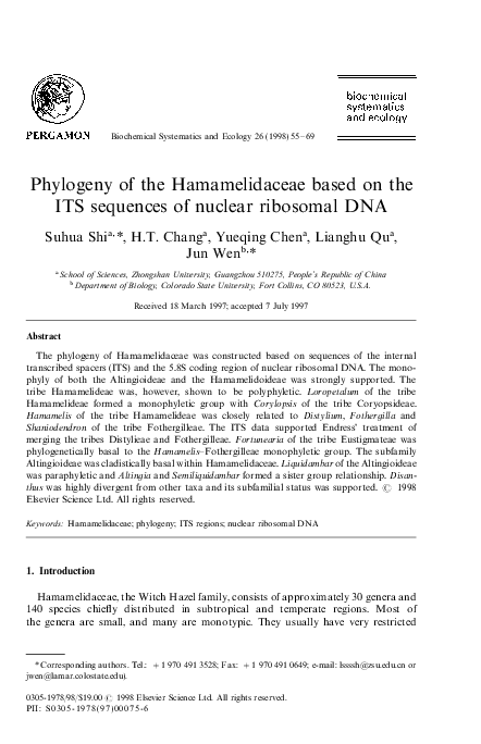 (PDF) Phylogeny of the Hamamelidaceae based on the ITS sequences of ...