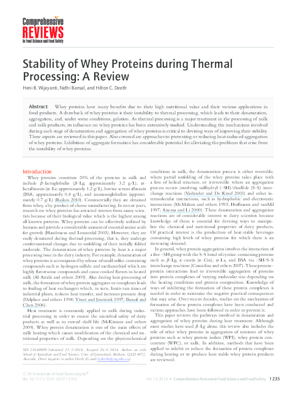 (PDF) Stability of Whey Proteins during Thermal Processing: A Review
