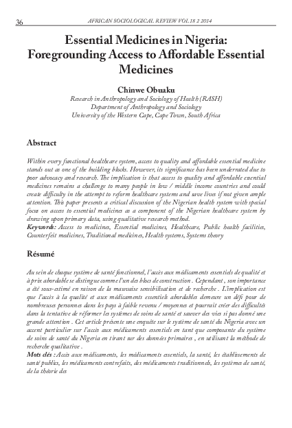 (PDF) Essential Medicines in Nigeria: Foregrounding Access to ... (PDF) Essential Medicines in Nigeria: Foregrounding Access to ...