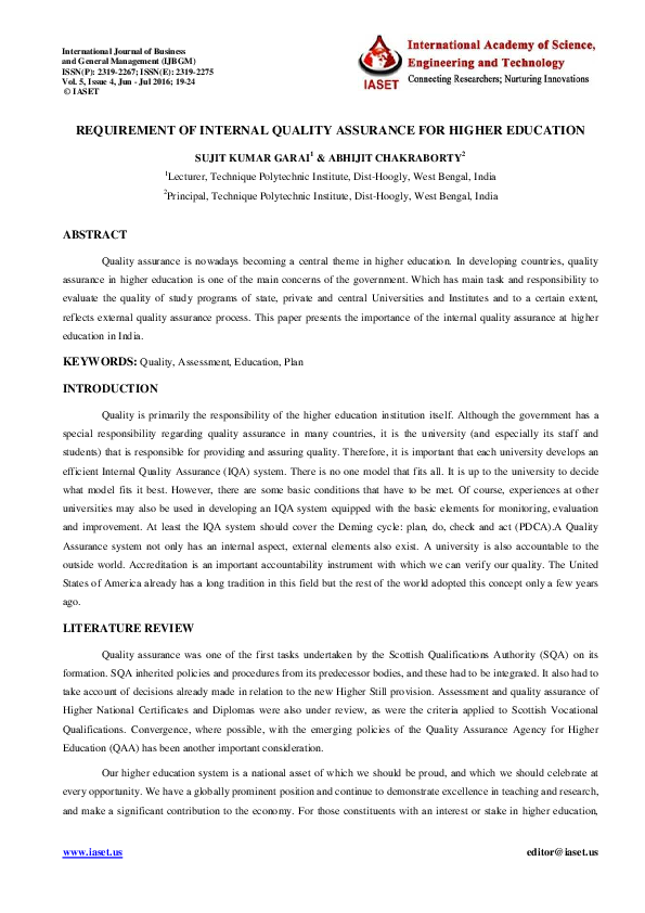 (PDF) REQUIREMENT OF INTERNAL QUALITY ASSURANCE FOR HIGHER EDUCATION