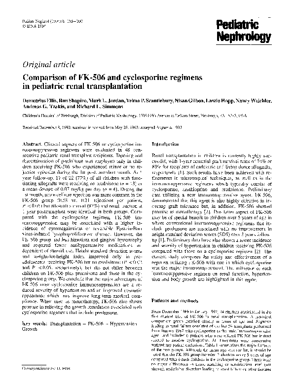 (PDF) Comparison of FK-506 and cyclosporine regimens in pediatric renal ...