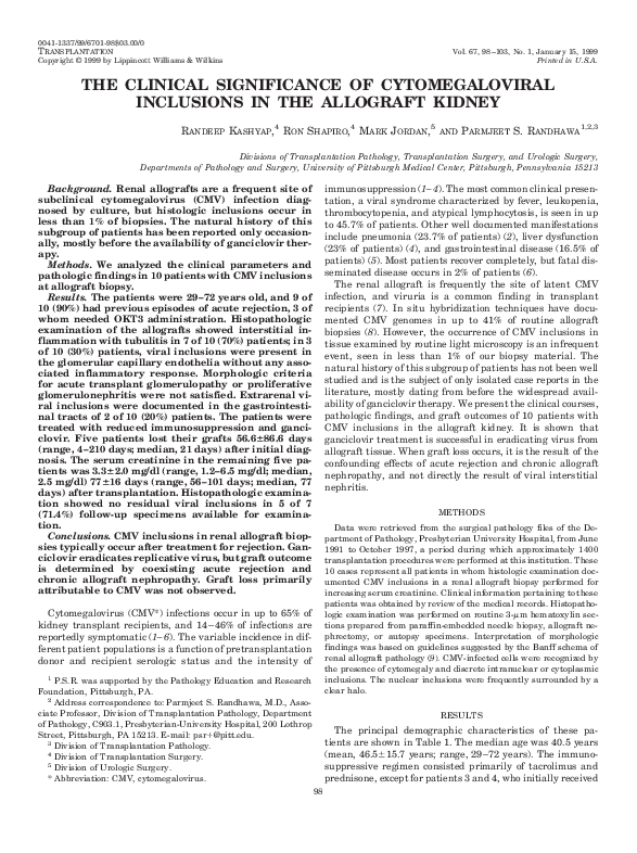 (PDF) The Clinical Significance of Cytomegaloviral Inclusions in the Allograft Kidney | Ron ...