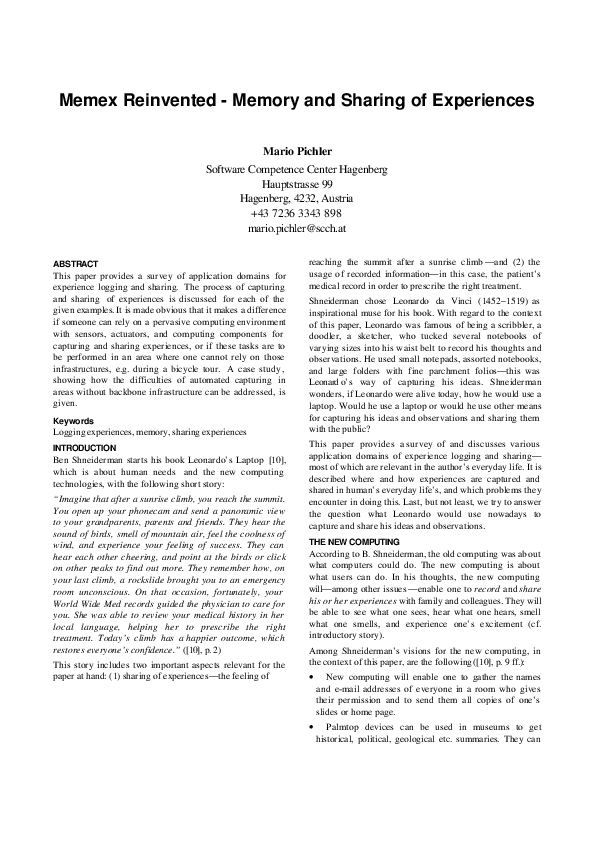 (PDF) Memex Reinvented -Memory and Sharing of Experiences