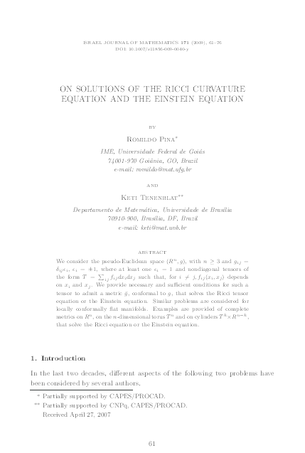 (PDF) On solutions of the Ricci curvature equation and the Einstein ...