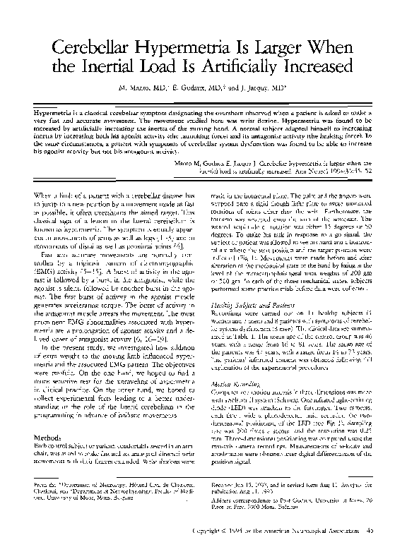 (PDF) Cerebellar hypermetria is larger when the inertial load is ...
