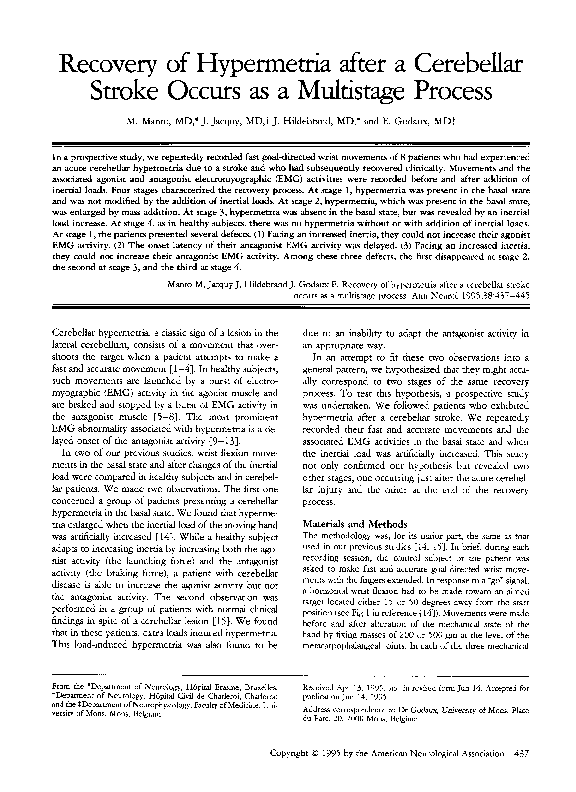 (PDF) Recovery of hypermetria after a cerebellar stroke occurs as a ...