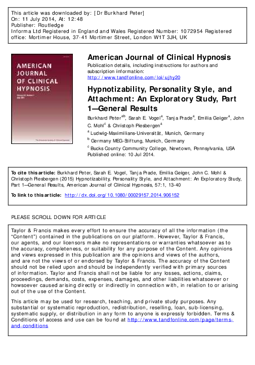 (PDF) Hypnotizability, Personality Style, and Attachment: An Exploratory Study, Part 1—General ...