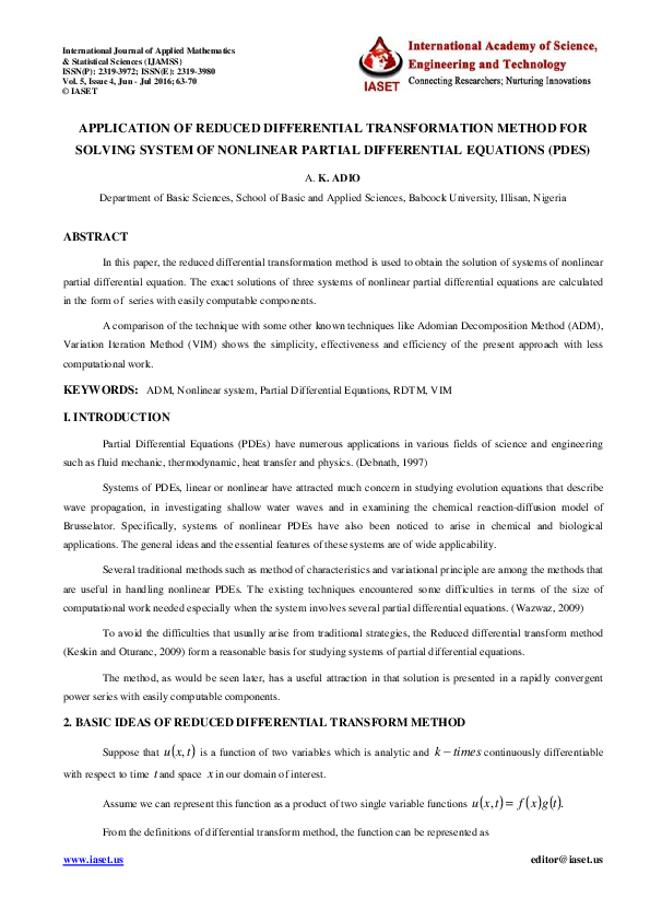 Pdf Application Of Reduced Differential Transformation Method For