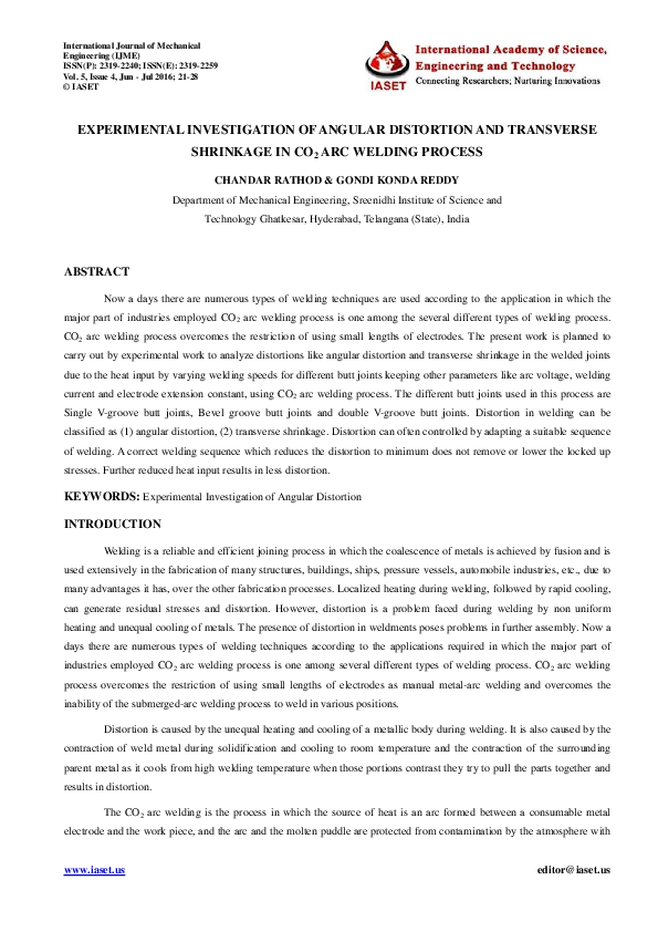 (PDF) EXPERIMENTAL INVESTIGATION OF ANGULAR DISTORTION AND TRANSVERSE SHRINKAGE IN CO 2 ARC ...