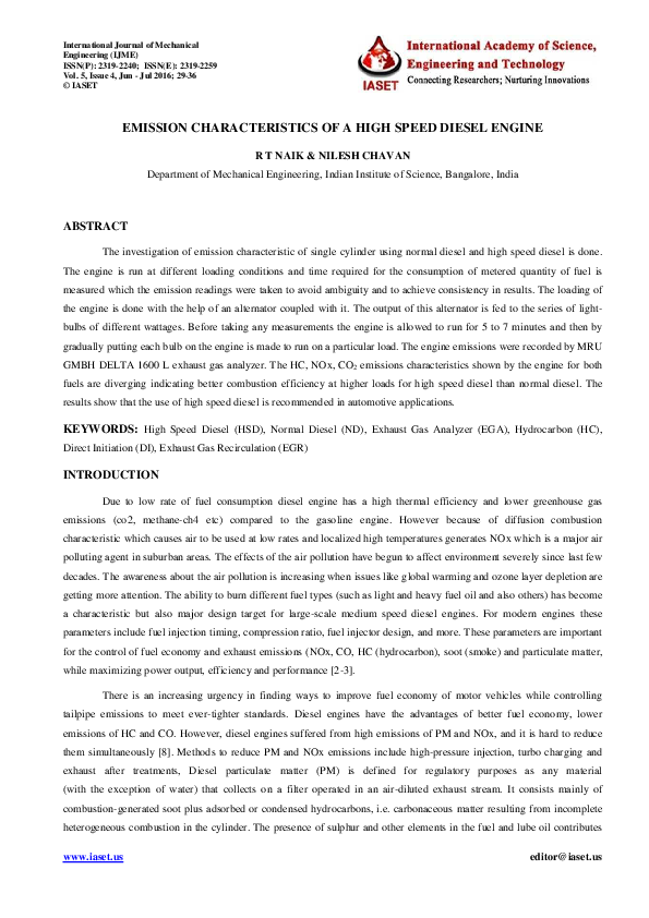 (PDF) EMISSION CHARACTERISTICS OF A HIGH SPEED DIESEL ENGINE