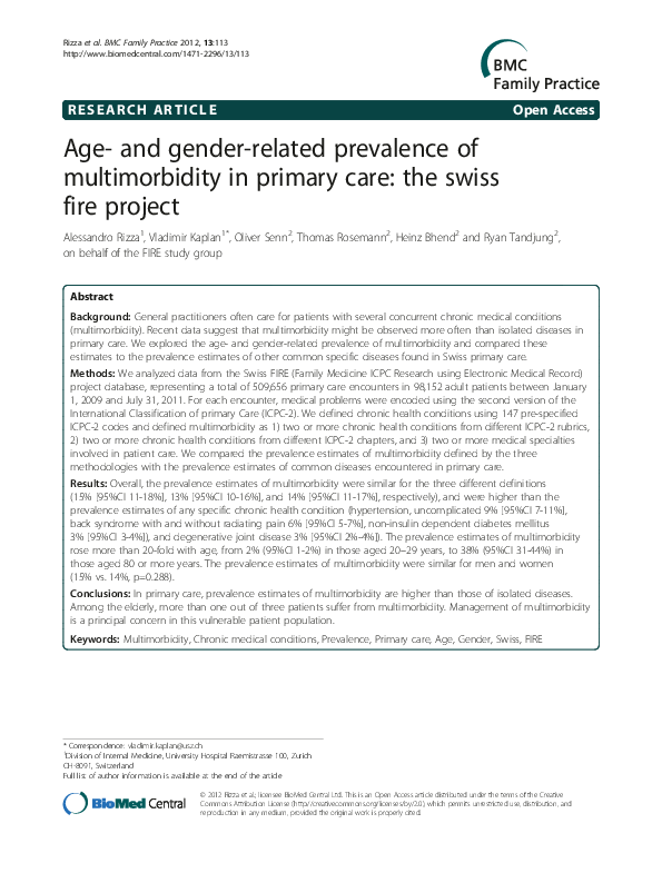 (PDF) Age- and gender-related prevalence of multimorbidity in primary care: the swiss fire project