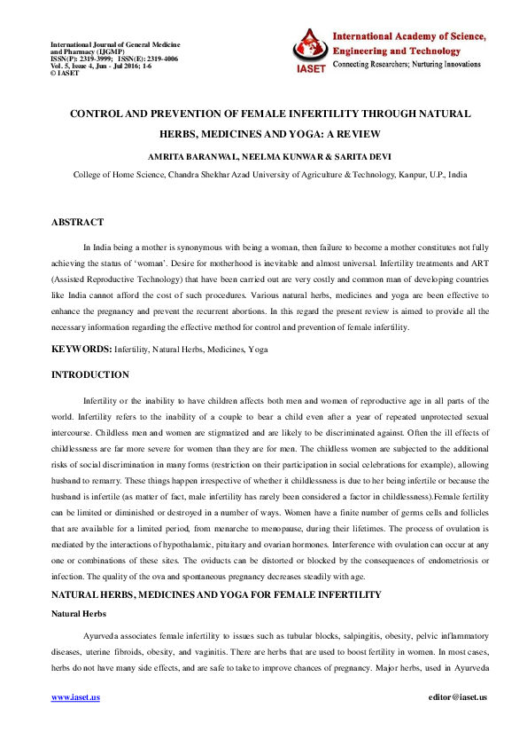 (PDF) CONTROL AND PREVENTION OF FEMALE INFERTILITY THROUGH NATURAL ...