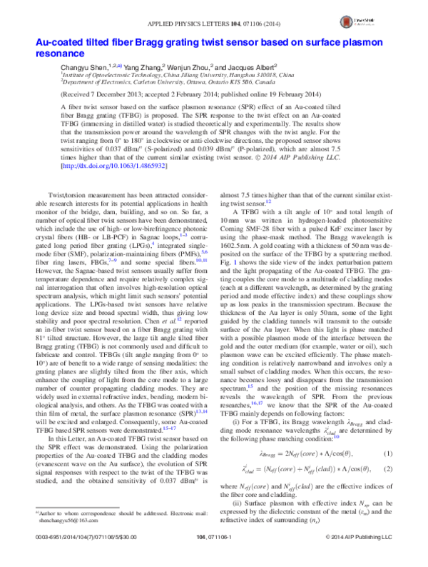 (PDF) Au-coated tilted fiber Bragg grating twist sensor based on ...