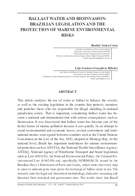 (PDF) BALLAST WATER AND BIOINVASION: BRAZILIAN LEGISLATION AND THE ...